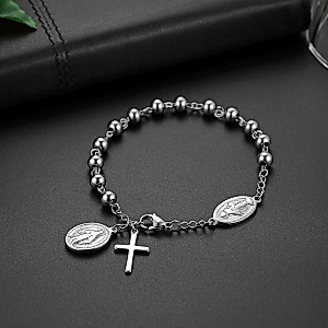 Flongo Cross Rosary Beads Bracelet Vintage Stainless Steel Jesus Christ Crucifix Cross Wristband for Men Women Christmas Wedding