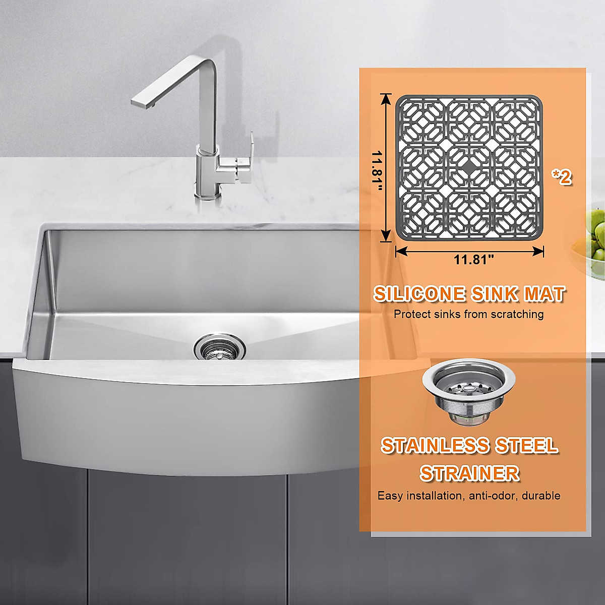 33 Inch Handmade Kitchen Sink Farmhouse Apron Front 18-gauge Stainless Steel Tight Radius, 33" x 22" x 10"