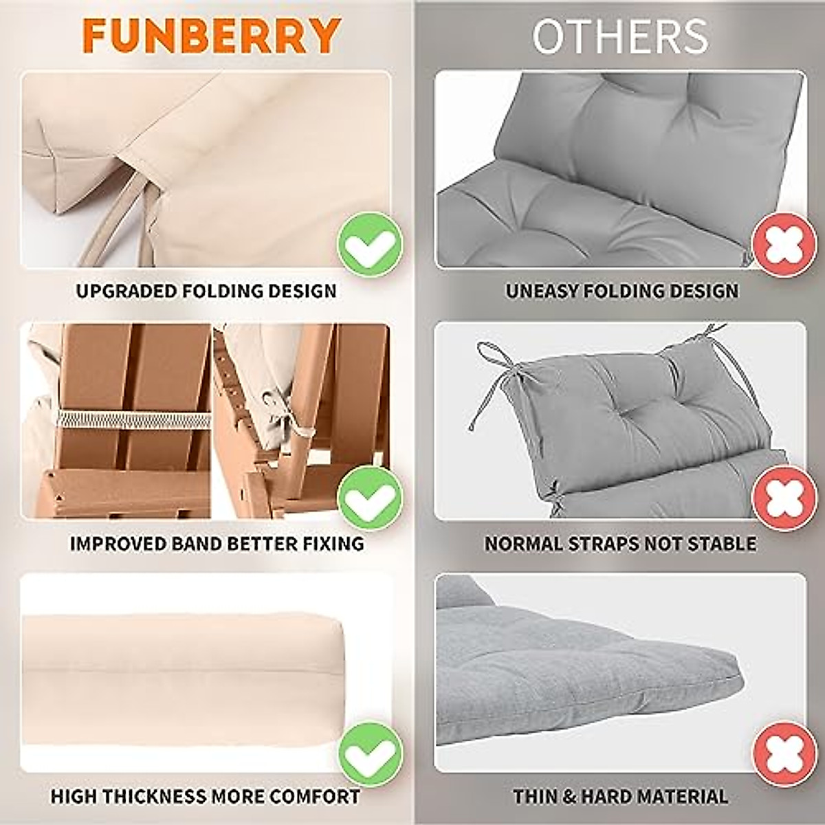 FUNBERRY Adirondack Chair Cushion,Outdoor Chair Cushions,Improved Comfy Patio Chair Cushions,Rocking Chair Cushion,Cushions for Adirondack Chairs,High Back Patio Chair Cushions