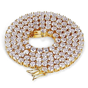 JINAO 18K Gold Plated 1 Row 4MM Rhinestone Iced Out Cubic Zircon Hiphop Tennis Necklace 20"