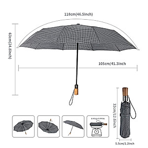 HOMILOOP Compact Folding Umbrella,10 Ribs Business Brolly,Automatic Opening,Compatible Rainy and Sunny Weathers,Vintage Plaid and Wooden Handle Parasol