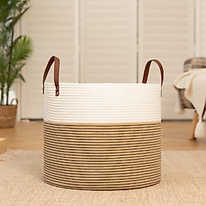 OIAHOMY Laundry Basket- Rope Basket Large Storage Basket with Handles,Modern Decorative Woven Basket for Living Room,Storage Baskets for Toys, Throws, Pillows,and Towels -18" 18"×15"-White&Yellow