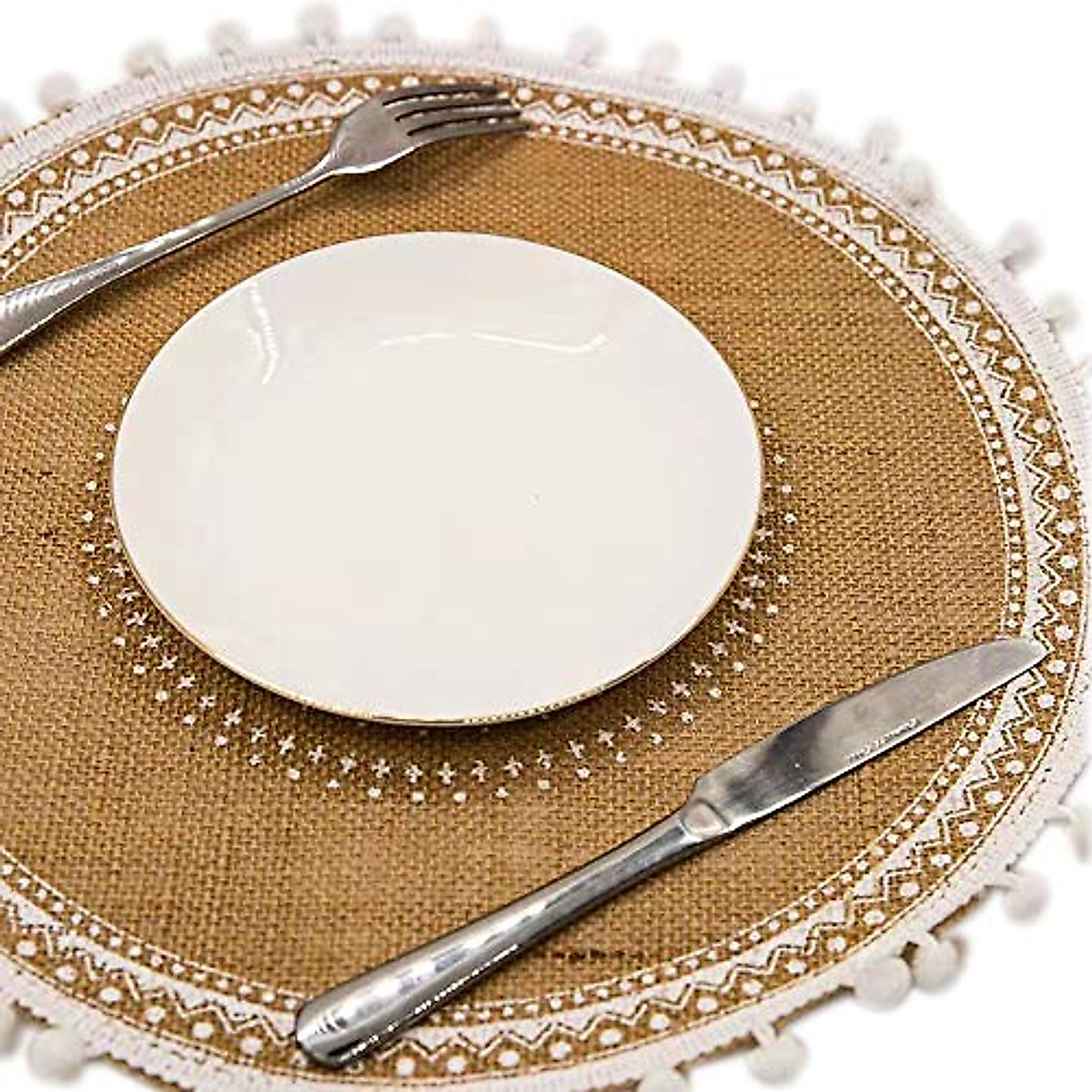 CAPASIN Round Placemats Set of 4, Dining Winter Modern Dinner Braided Beige Boho Round Table and Fall Circle Placemats Boho Runner Kitchen Table Plate Mats Set of 4 (White Ball)