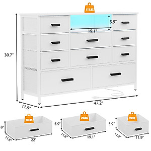 Harpaq White Dresser for Bedroom with 10 Drawers, Dresser with Charging Station, TV Stand Dresser with LED Light for 55" TV, Fabric Drawer Dresser with PU Finish, Chest Dresser for Bedroom, Closet