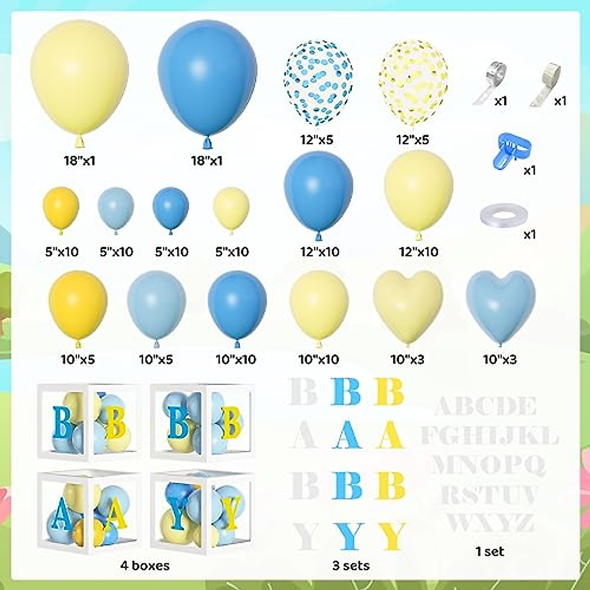 Amandir Pastel Blue and Yellow Balloon Garland Arch Kit Baby Boxes with Letters(A-Z+Baby) for Winie The Poon Theme Baby Shower Decorations Boy Girl Birthday Wedding Gender Reveal Party Supplies