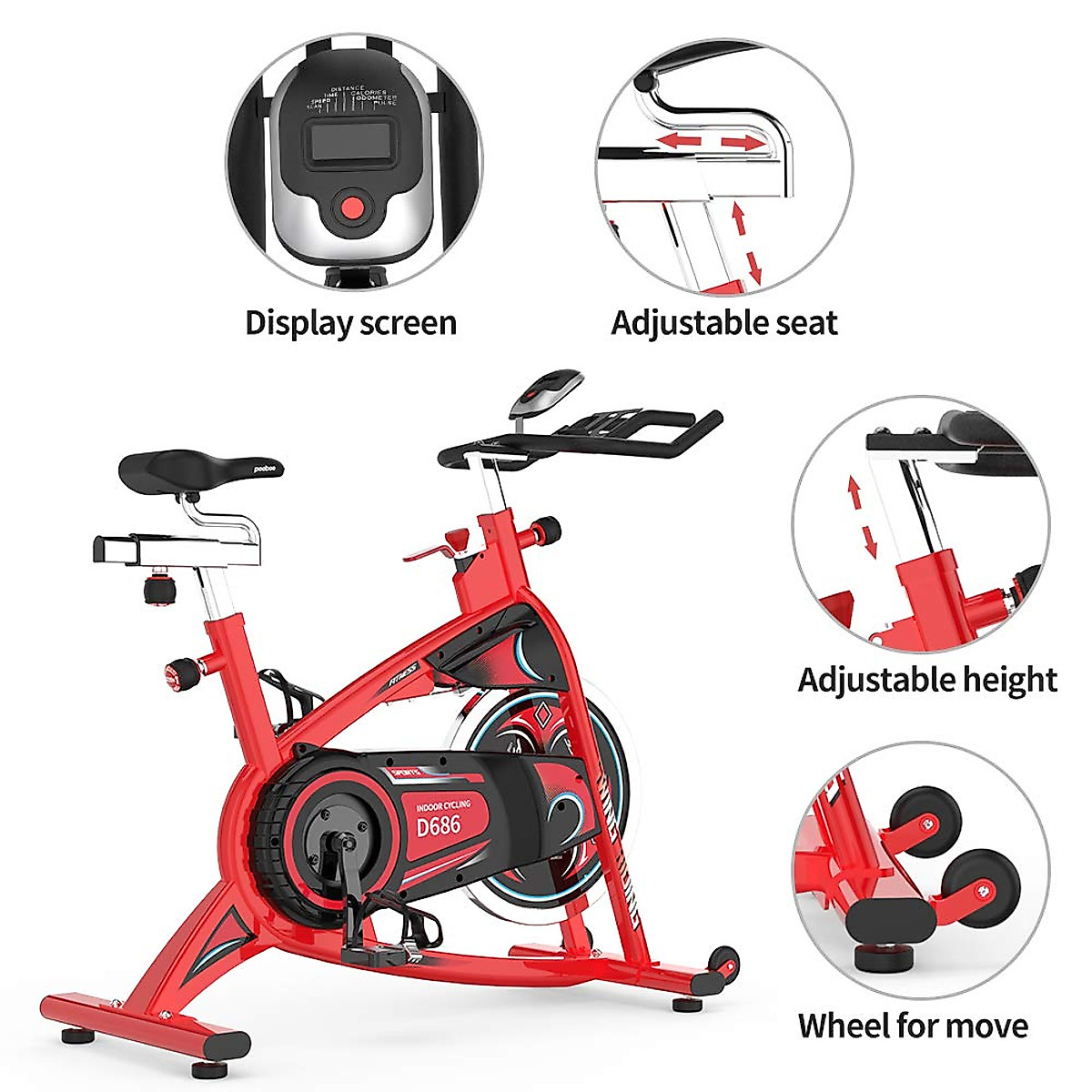 pooboo Stationary Exercise Bike Indoor Cycling Bike with LCD Display, 40LBS Heavy-Duty Flywheel for Cardio Workout wihout Ipad Holder(Red)