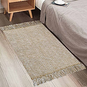 Boho Bathroom Rug 2'x 3', Khaki/Cream Hand- Woven Cotton Reversible Small Entryway Rug with Tassels Machine Washable Rug for Kitchen/Laundry/Doorway Porch Throw Floor Mat