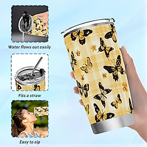 Yellow Spring Butterflies Stainless Steel cup for men Leak-proof Lid and Straw travel mug spill proof for camping modern tumblers with lids 20 OZ
