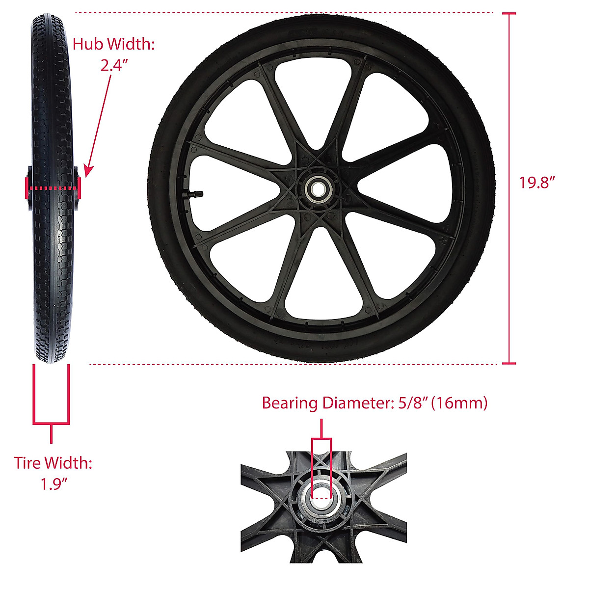 2 Pack Replacement Wheels for Rubbermaid Big Wheel Cart 5/8" Axle Bearings 20 Inch Diameter Pneumatic Air Filled Tire