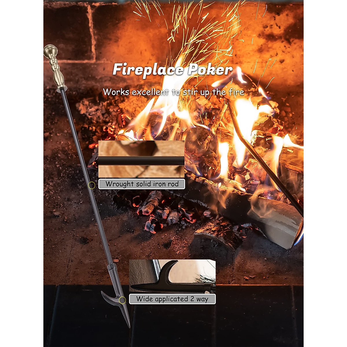 Lichamp Fireplace Tools Set, 5-Pieces Indoor Outdoor Sturdy Fire Place Poker Sets with Retro Gold Handle, FTS45GD