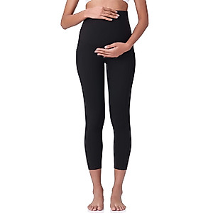 POSHDIVAH Women's Maternity Capri Leggings Over The Belly Pregnancy Workout Active Stretchy Pants with Pockets 2Pcs Black Small