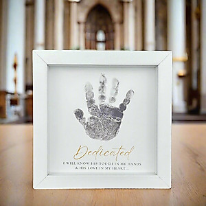 The Grandparent Gift Company- White Shadowbox Frame 6 x 6 Table or Shelf Frame with “Dedicated” Sentiment- Baby Handprint Dedication Gifts