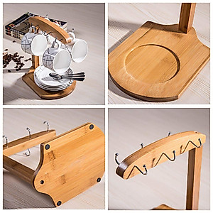 6 Holder Kitchen Mug Holder Stand Mug Tree Teacup Storage Rack Coffee Bar Kitchen Countertop Organizer Bamboo (Stainless Steel Hook)