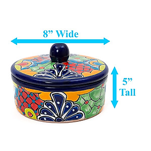 Enchanted Talavera Traditional Authentic Mexican Hand Painted Talavera Ceramic Tortilla Warmer Bowl With Lid Colorful Spanish Mexican Serveware Roti Pancakes Party Serving, Turquoise