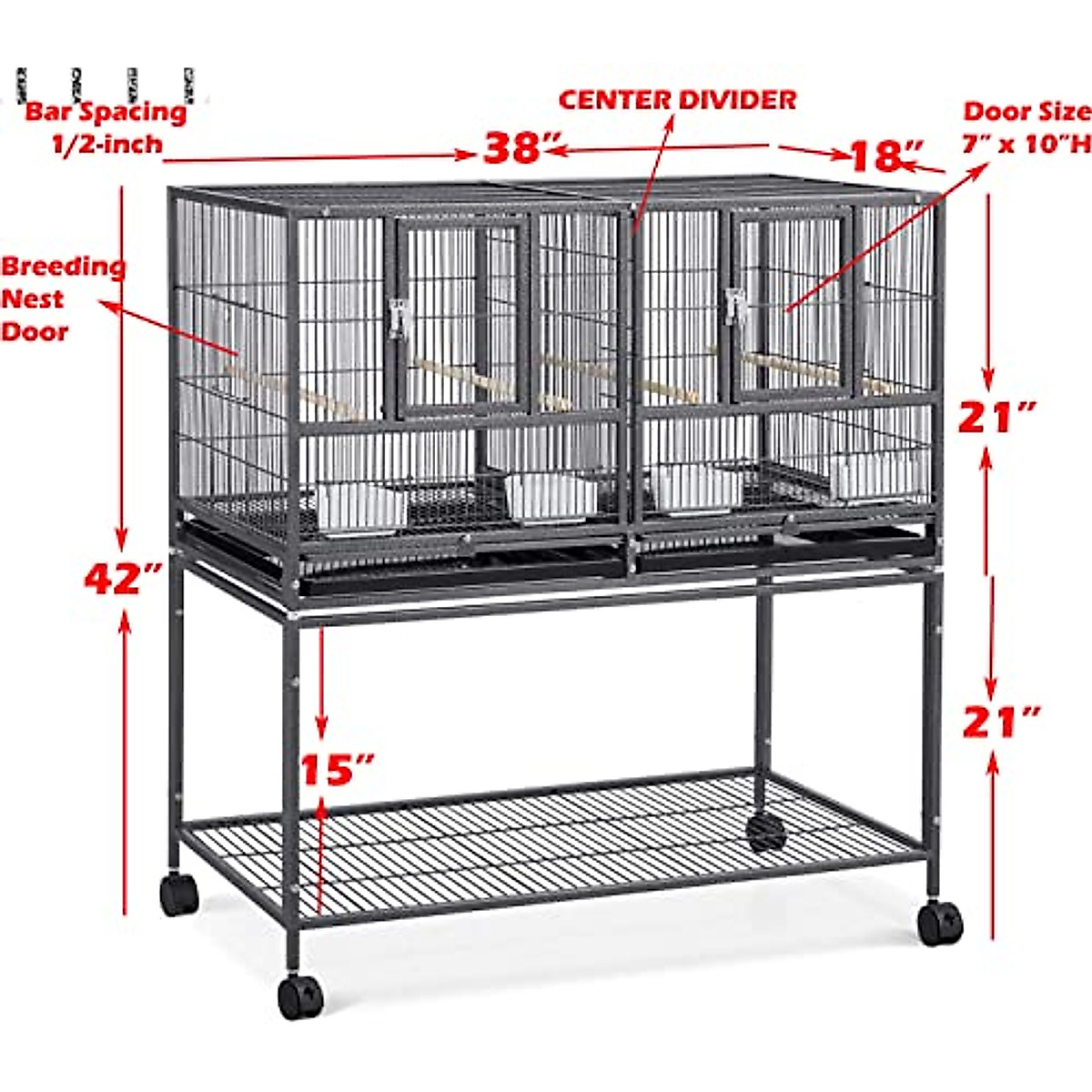 Combo Breeding Stacker Center Divided Breeder Bird Flight Double Rolling Cage with Side Breeding Nest Door (Black Vein, Single Stack)