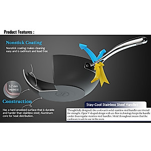 Cooks Standard Nonstick Stir-Fry Wok Pan 11-Inch, Hard Anodized Deep Frying Pan with Glass Lid, Flat Bottom, Black