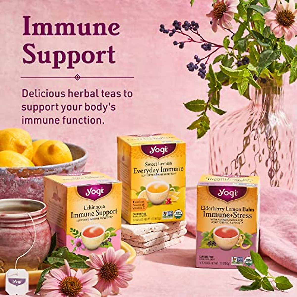 Yogi Tea - Echinacea Immune Support (6 Pack) - Supports Immune Function with Elderberry and Mullein - Caffeine Free - 96 Organic Herbal Tea Bags
