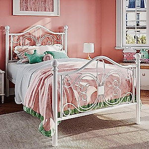 SHA CERLIN Twin Size Bed Frame for Kids,Metal Bed Frame with Butterfly Pattern Design Headboard & Footboard,No Box Spring Needed,Easy Assembly,White