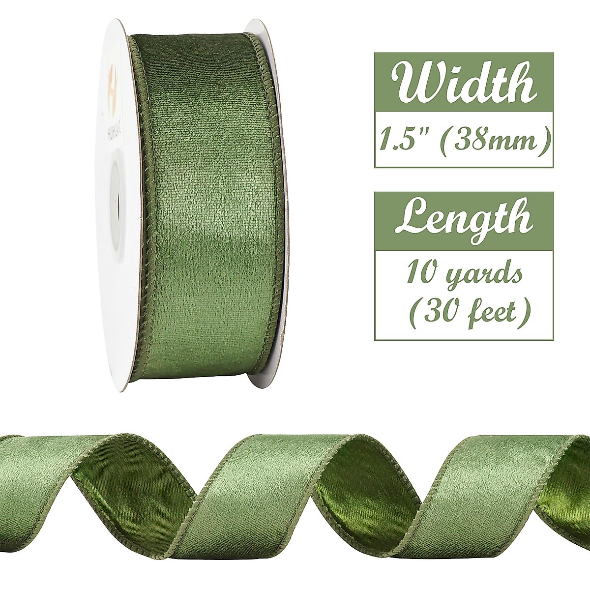 HUIHUANG Green Velvet Ribbon Wired 1-1/2 inch, Moss Green Velvet Ribbon for Gift Wrapping, Christmas Tree, Bows, Wreaths, Garland, Wedding Decor, Home Decor, Crafts-Continuous 10 Yards/Roll