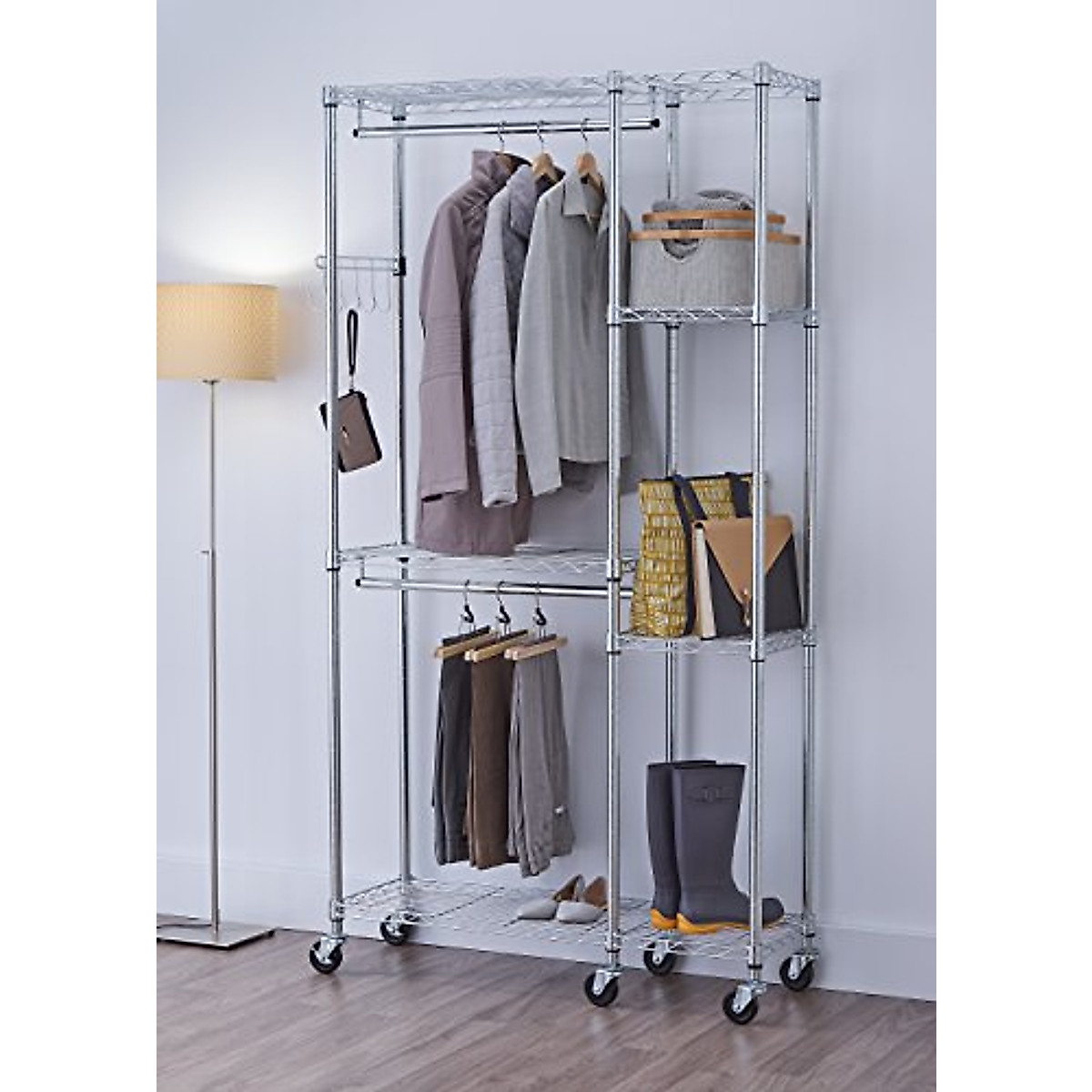 TRINITY EcoStorage Rolling Garment Rack with Shelves Hooks for Clothing Storage for Bedroom, Closet Organization, Entryway, and More, Chrome, 41” W x 14” D x 76” H