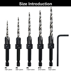 GMTOOLS Countersink Drill Bit Set, 5Pcs Tapered Drill Bits M2 HSS, with 1/4" Hex Shank Quick Change and Allen Wrench, Counter Sinker Set for Woodworking and Carpentry, Pilot Screw Hole Set