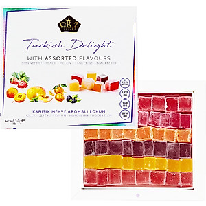 Cerez Pazari Turkish Delight Candy With Assorted Flavors, Gourmet Medium Size Snacks Gift Box, Sweet Luxury Traditional Confectionery Loukoumi, Vegan Lokum, Approx. No Nuts, 42 Pcs, 16 oz.
