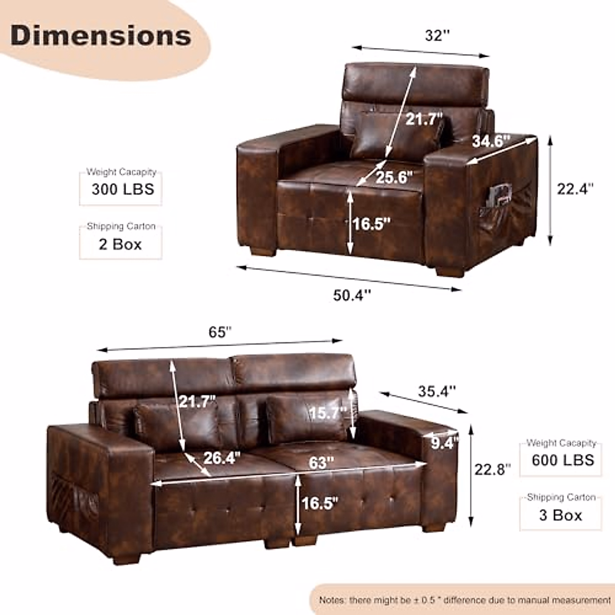 Oprisen 82”Modern Loveseat Sofa Couch for Livingroom Comfy PU Leather Loveseat Couch w/Adjust Headrest, Tufted Button Deep Seat Futon Set w/Wide Arm/Pillows for Apartment (PU-Brown)