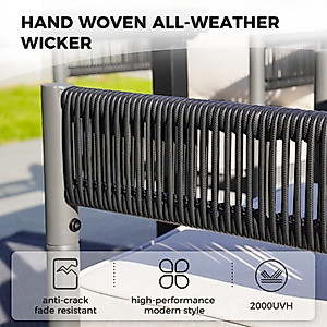 Grand patio 7-Piece Outdoor Dining Set for 6, Grey Metal Black Woven Wicker Fixed Patio Chairs with Thickened Cushions & 1 Rectangular Woodgrain Dining Table with Umbrella for Hole Backyard Deck