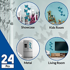 DecalMasters 24pcs Blue Glitter 3D Butterfly Wall Decals - 3 Sizes Butterflies Decor for Wall Removable Mural Stickers Home, Party, Cake and Room Decoration, Bedroom Decor DIY Gift (Blue Glitter, 24)