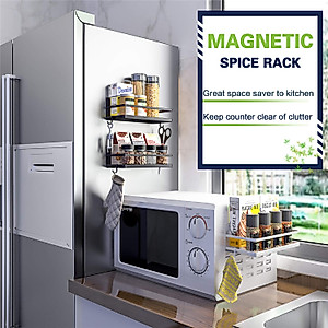 Magnetic Spice Rack, Thipoten Strong Magnetic Shelf with 2 Removable Hooks, Perfect Space Saver for Small Kitchen/ Apartment, Awesome Metal Cabinet for Holding Spices, Jars, Bottle, Beve(Black, 2Pack)