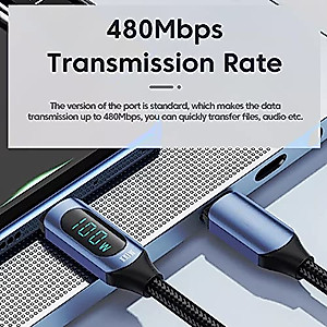 5A Type C to Type-C Cable Super Turbo Charging PD 100W Digital LED C to C Nylon Braided for Samsung High Stable Current Save PVC USB-C Charger Fast-Speed Data Sync Smart Chip 2Meter Length (2M-Blue)