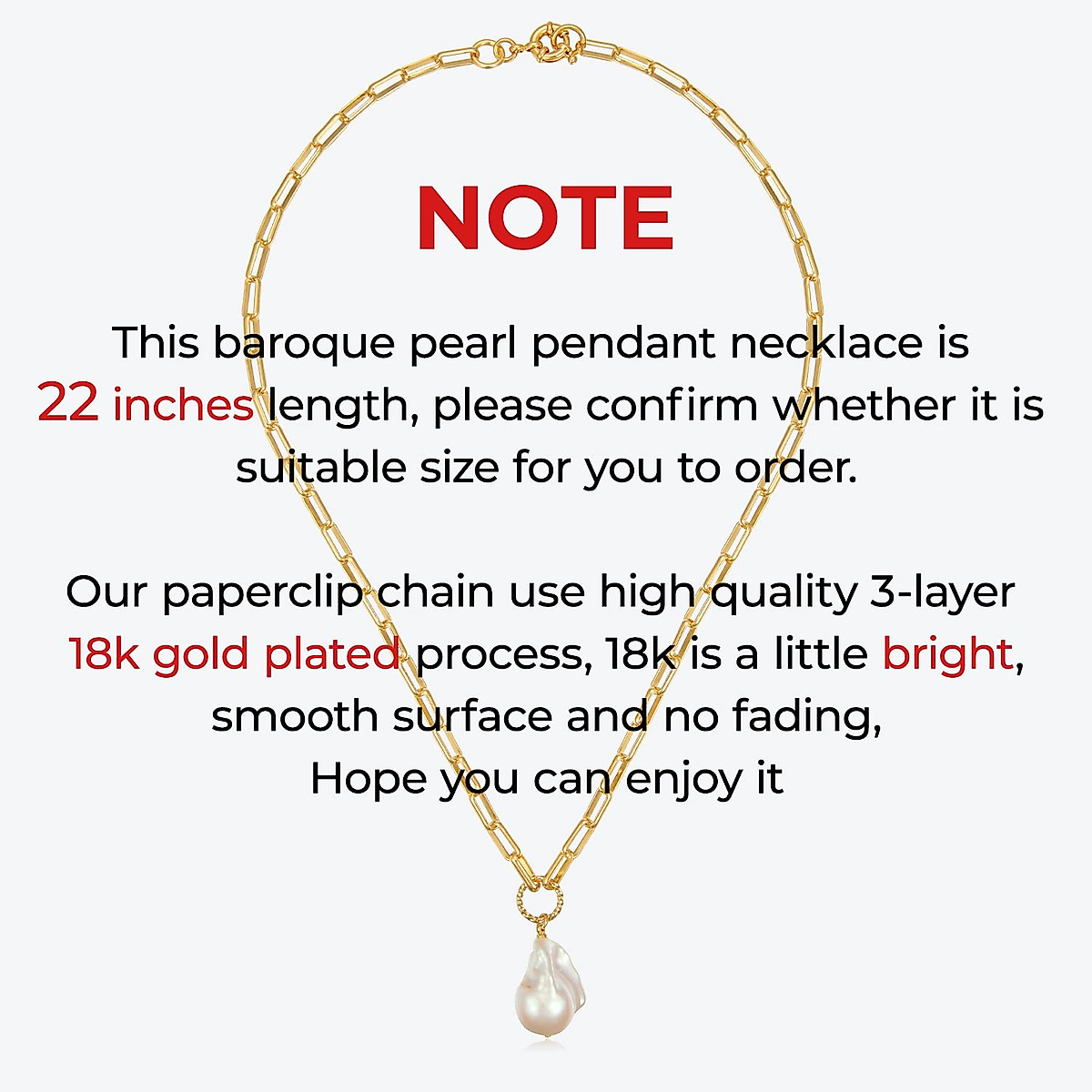Baroque Pearls Pendant Necklaces Freshwater Cultured Pearls Necklace Pendant 18K Gold Paperclip Chain Necklaces 22inch for Women Vintage Jewelry