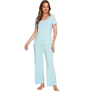 WiWi Womens Viscose from Bamboo Pajamas Set Short Sleeve Pjs Pajama Sleepwear Soft Pants Sets S-XXL, Aqua, Medium