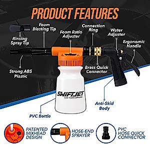 SwiftJet Car Wash Foam Gun + Microfiber Wash Mitt - Car Foam Sprayer - Foam Cannon Garden Hose - Spray Foam Gun Cleaner - Car Wash Kit - Car Accessories for Men - Snow Foam Blaster