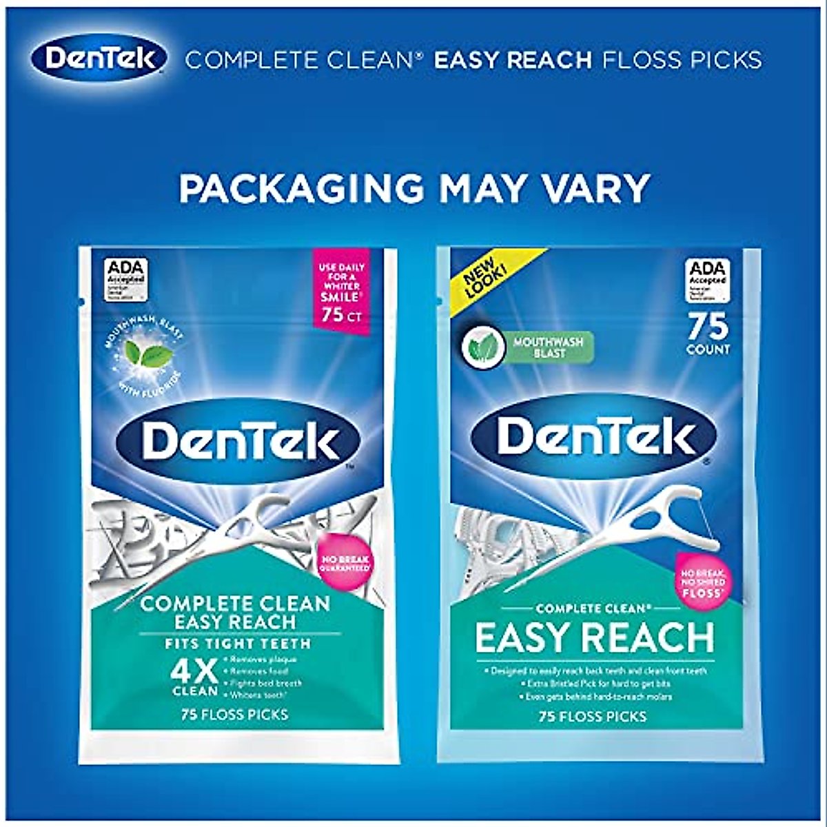 DenTek Complete Clean Easy Reach Floss Picks, No Break & No Shred Floss, 75 Count