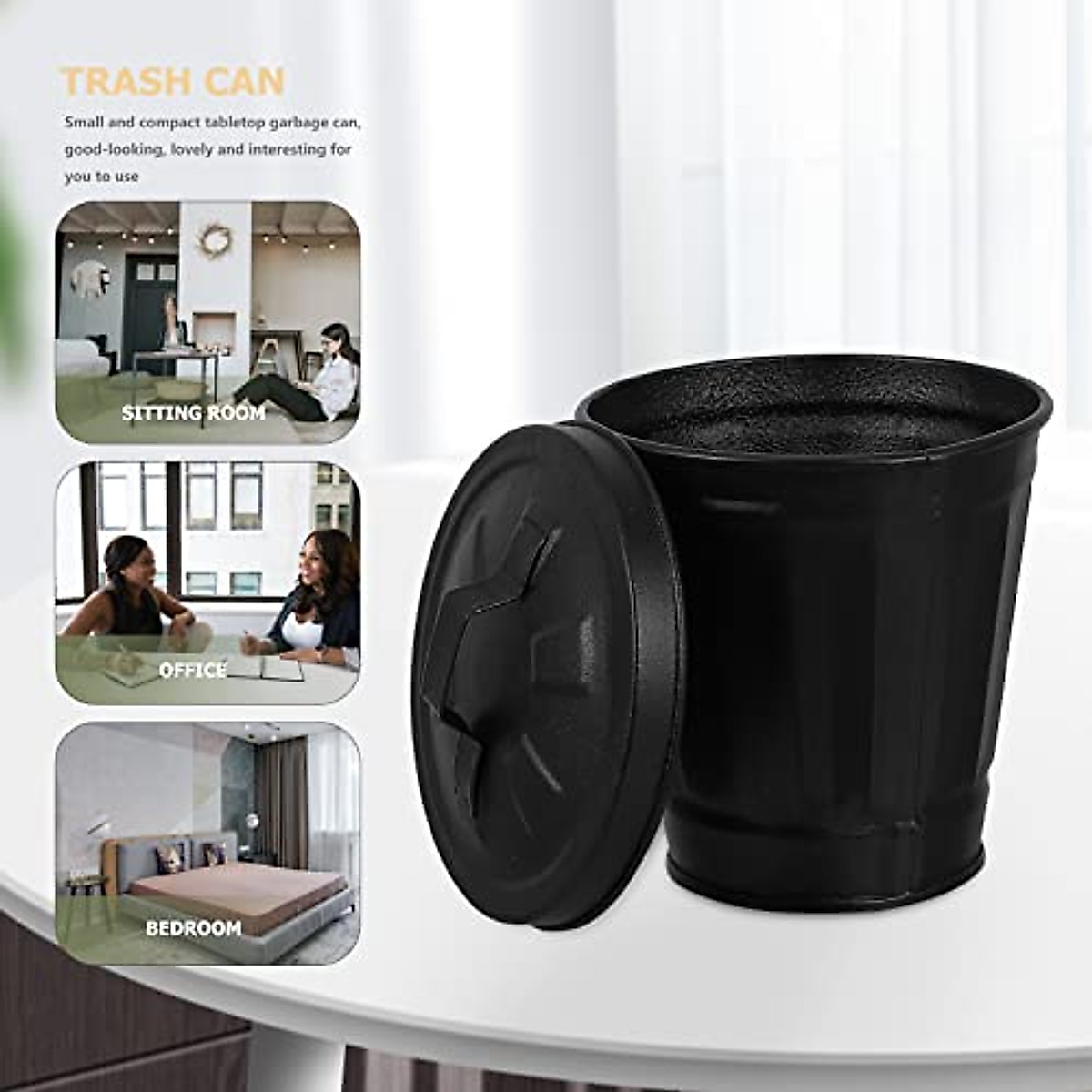 POPETPOP Mini Trash Can with Lid- Tiny Desktop Wastebasket Metal Garbage Bin Pen Holder Flowerpot Small Buckets Organizer for Home Office Kitchen