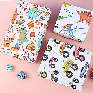 CAMKUZON Birthday Wrapping Paper Rolls for Kids Boys Girls Baby Shower Holiday - Cartoon Dinosaur, Monster Truck and Happy Party Designs Gift Wrap - Pack of 3, 17.7 Inch X 10 Feet Per Roll
