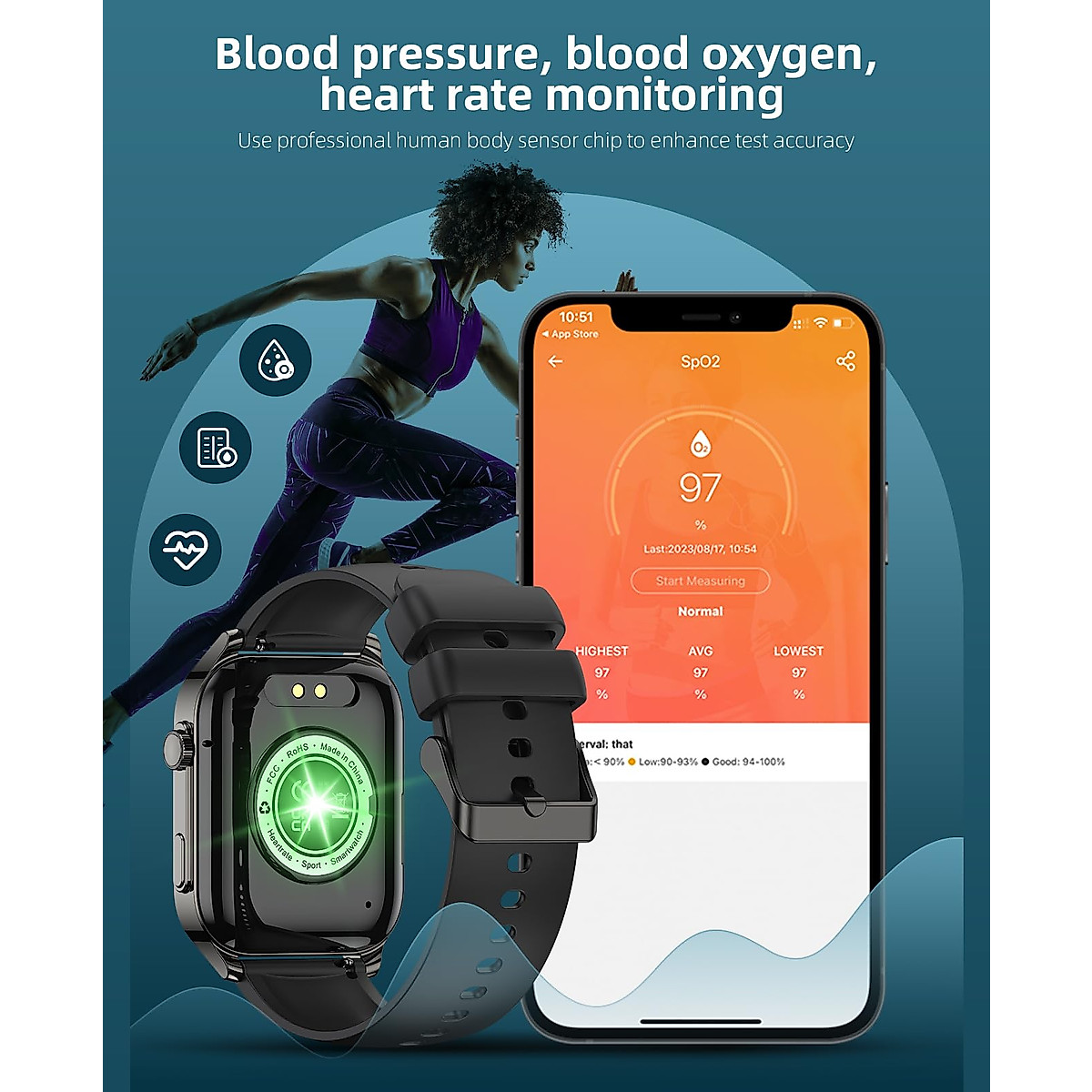 SOUYIE Smart Watch, Infrared True Blood Oxygen Monitor, 1.91" HD Smartwatch for Men with Heart Rate, Blood Pressure, Sleep Monitor, IP68 Waterproof Fitness Tracker Compatible with Android iOS iPhone
