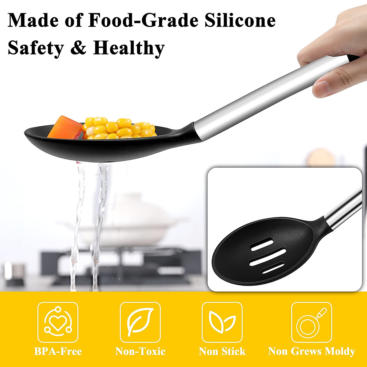 Silicone Cooking Spoons, Large Heat Resistant Silicone Pasta Slotted Spoon Solid Spoon for Nonstick Cookware, BPA Free Black Silicone Kitchen Spoons Dishwasher Safe for Cooking Mixing Serving, 3 Pack