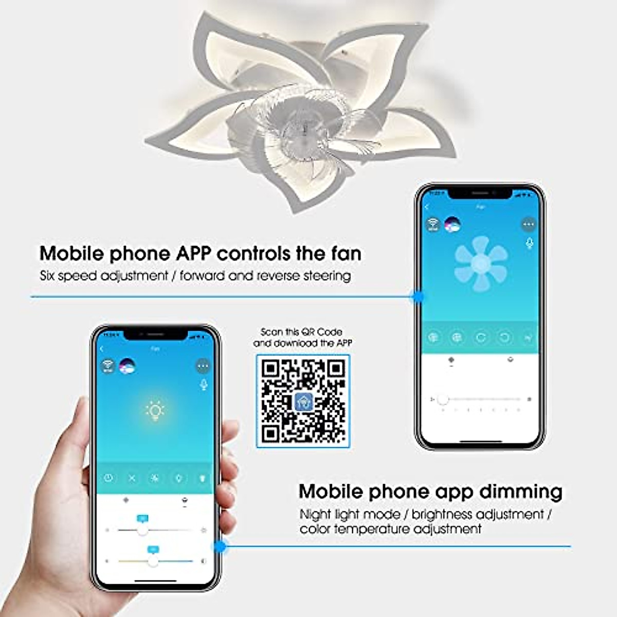 AHAWILL Modern Low Profile Ceiling Fan with Lights,110v Dimmable Flower Ceiling Light Fan with Remote Control/app Control,Timing 6 Gear Speeds Fan Suitable for Bedroom,Living Room,and etc.（White）