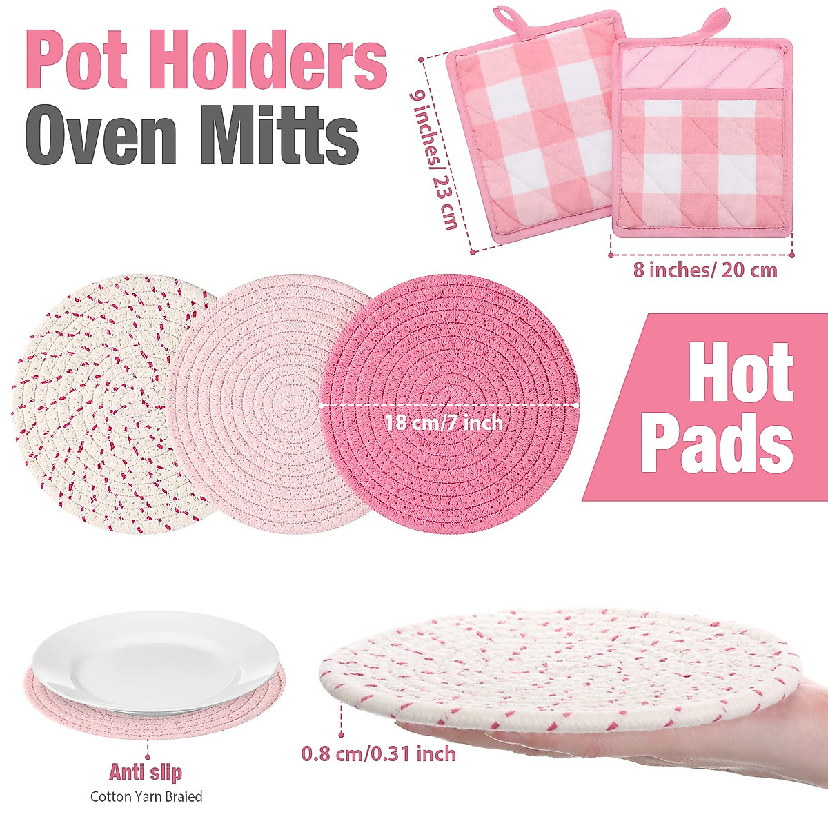 Oven Mitts and Pot Holders 7 Sets, Heat Resistant Kitchen Gloves Pads Potholders for Christmas Women Gifts Cotton Pot Holders Farmhouse Kitchen Accessories Gift for Cooking Baking(Pink White, Cotton)