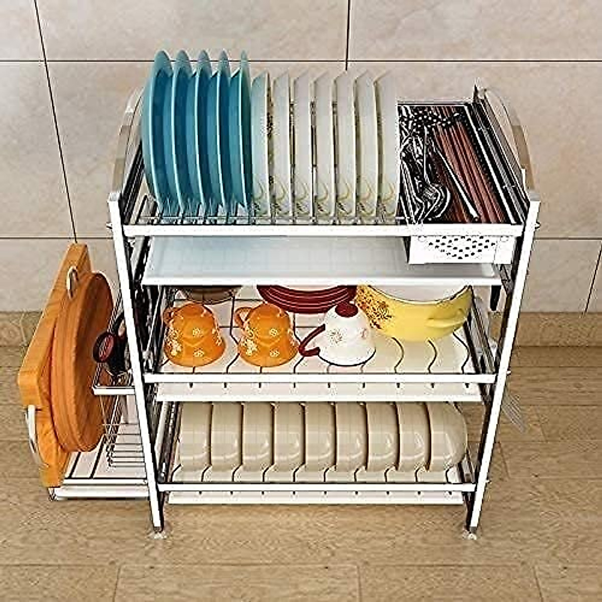 Plate Rack Dish Drainer Rack Stainless Steel with Knife Utensil Basket Removable Tray Large Space to Hold Dishes Bowls and Spoons Pan Plate Holder (Color : Silver, Size : 40.5x29x62cm)