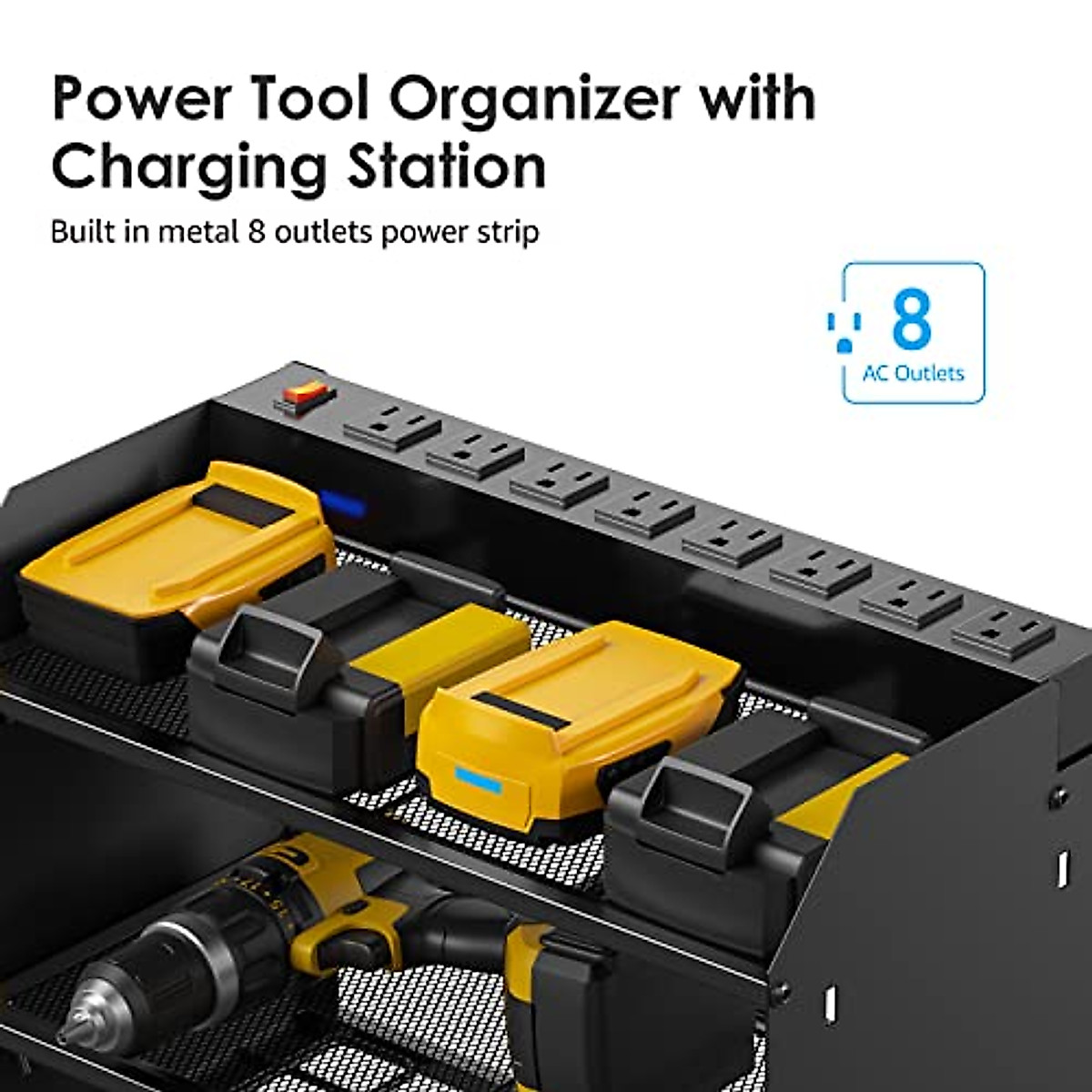 CCCEI Modular Power Tool Organizer Wall Mount with Charging Station. Garage 4 Drill Storage Shelf with Hooks, Screwdriver, Drill Bit Heavy Duty Rack, Tool Battery Holder Built in 8 Outlet Power Strip.