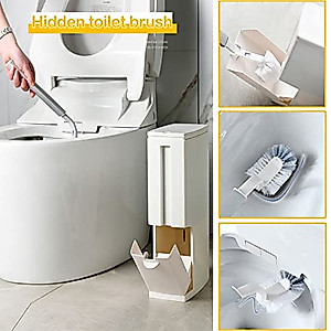 COMODID Slim Plastic Trash Can 1.3 Gallon, Trash can with Toilet Brush Holder for RV, 5 Liter Garbage Can with Press Top Lid, White Rectangular Modern Waste Can for Bathroom, Ivory