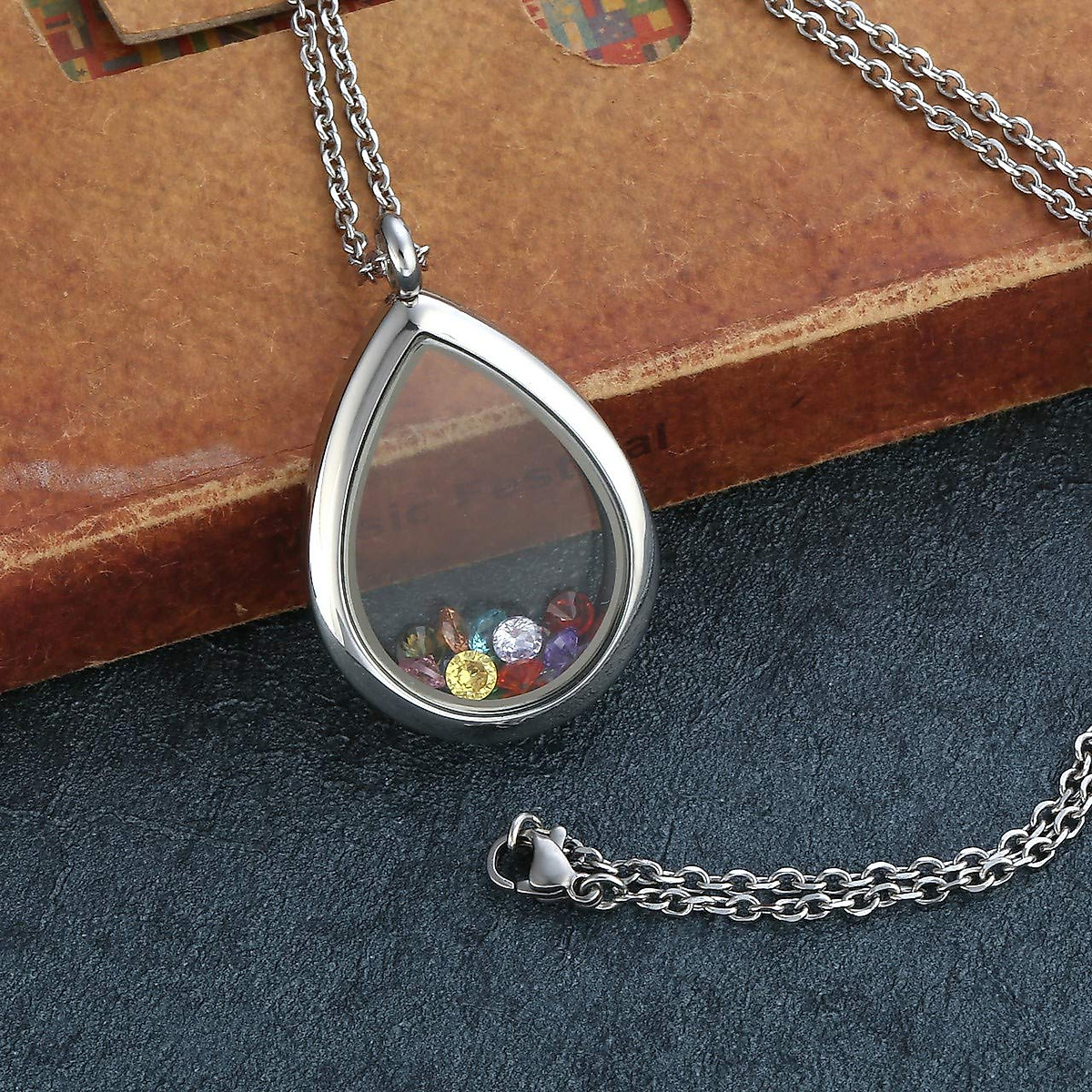 Jovivi Teardrop Floating Charms Memory Locket Necklace - 316 Surgical Stainless Steel Buckle Closure
