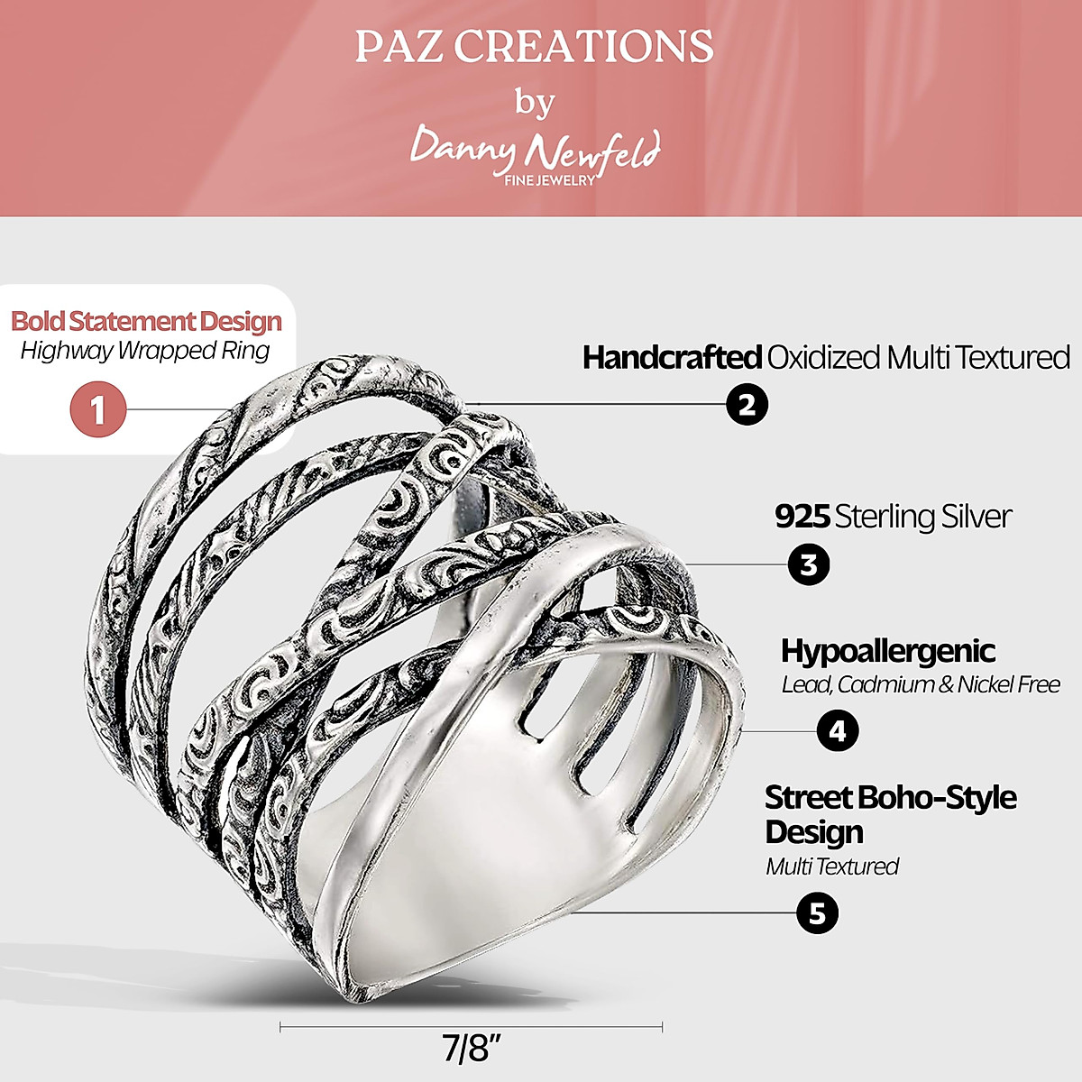 Paz Creations 925 Sterling Silver Highway Ring For Women, Everyday Wear Accessory, Wrapped Spiral Design, Bold Statement Jewelry, Gifts For Her, Size 10