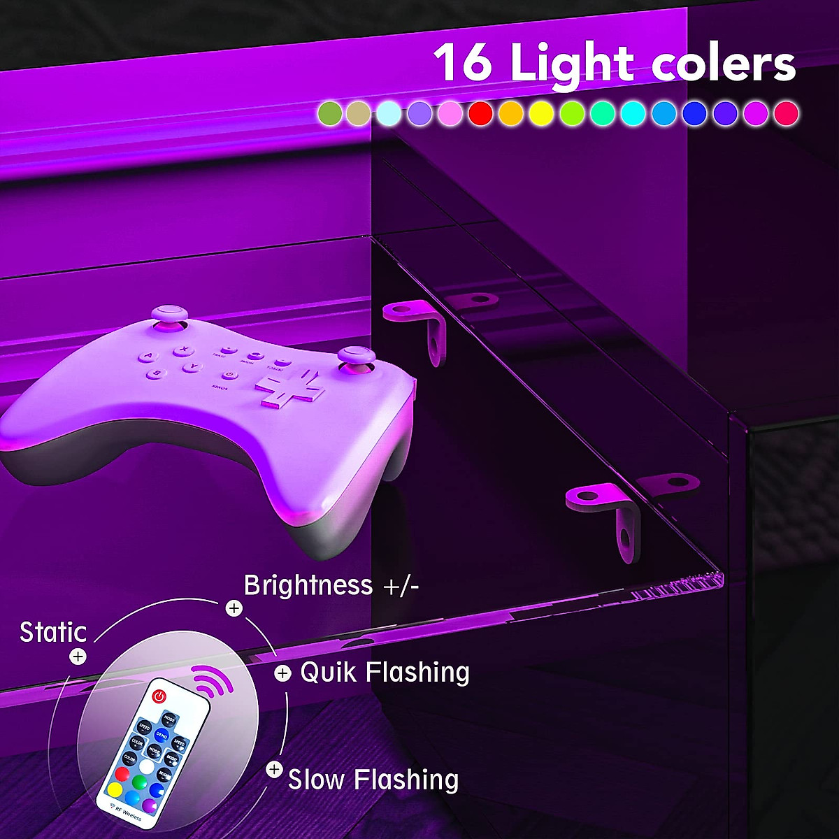 Entrintou Modern LED TV Stand for 55 inch TV with Shelves and Large Storage, Rustic Entertainment Center, Corner Small Television Stand, Black Table Top Gaming Glossy TV Stand for Living Room, Bedroom