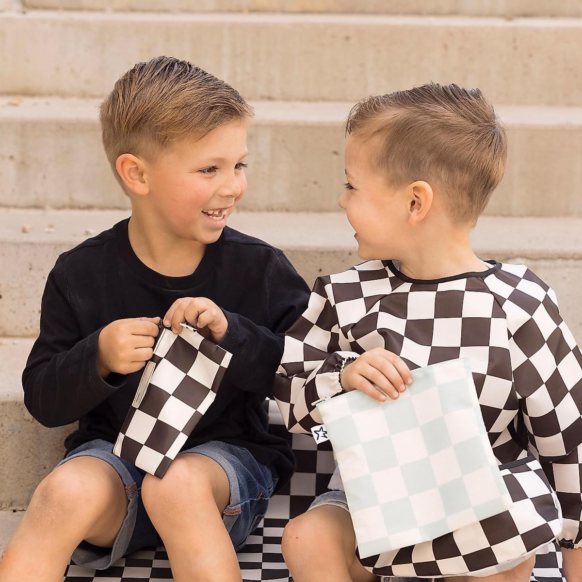Tiny Twinkle 3 Pack Reusable Snack Bags - Machine Washable, PFAS, PVC, BPA, Phthalate-Free Reusable Baby and Toddler Food Safe Snack Bags (Sage Checkers)