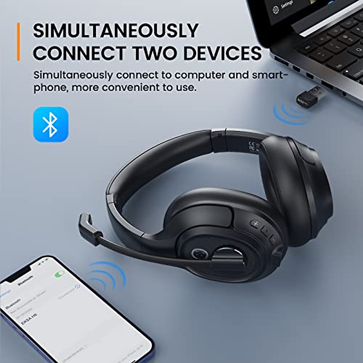 EKSA Bluetooth Headset with Microphone, Wireless Computer Headphone AI-Powered Environmental Noise Cancelling Headset & USB Dongle, 55H Playtime, Over Ear Comfort for PC, Phone, Work, Home Office