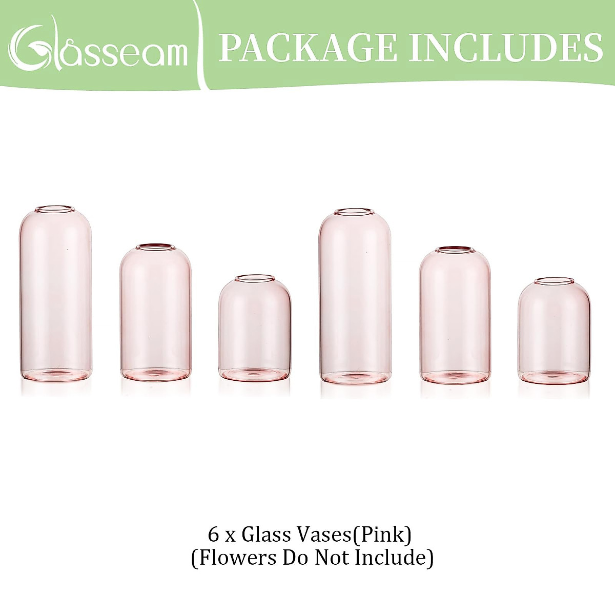 Glasseam Bud Vase Set of 6, Cute Pink Flower Vase Decor, Decorative Small Vases for Flowers, Unique Flower Vases for Centerpieces, Modern Cylinder Vases for Wedding Dining Table Decorations